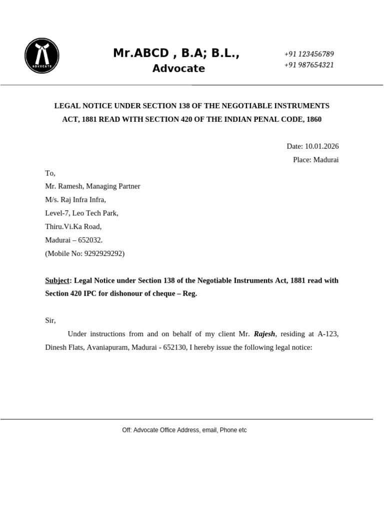Proforma for Notice 138NI | PDF