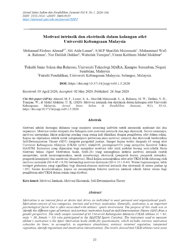 View of Motivasi Intrinsik Dan Ekstrinsik Dalam Kalangan Atlet ...