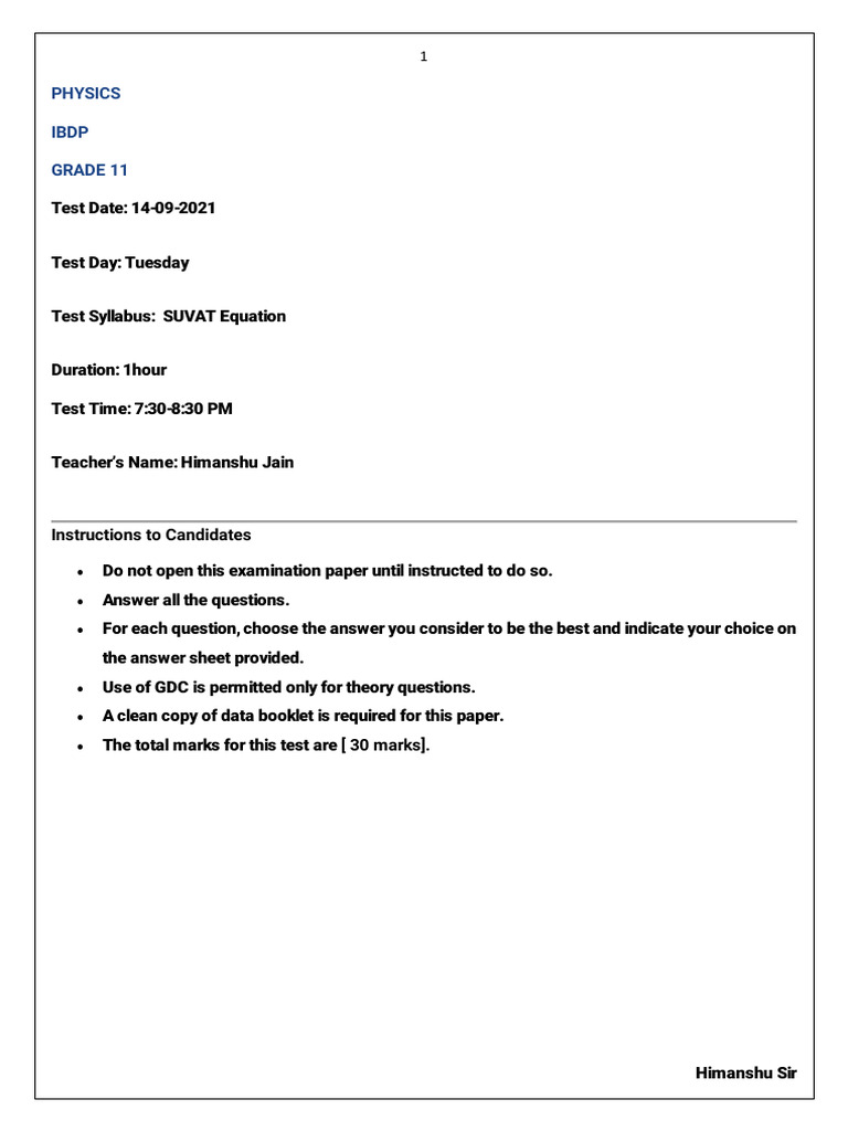 IBDP Grade 11 Physics Test on SUVAT | PDF | Acceleration | Mechanics