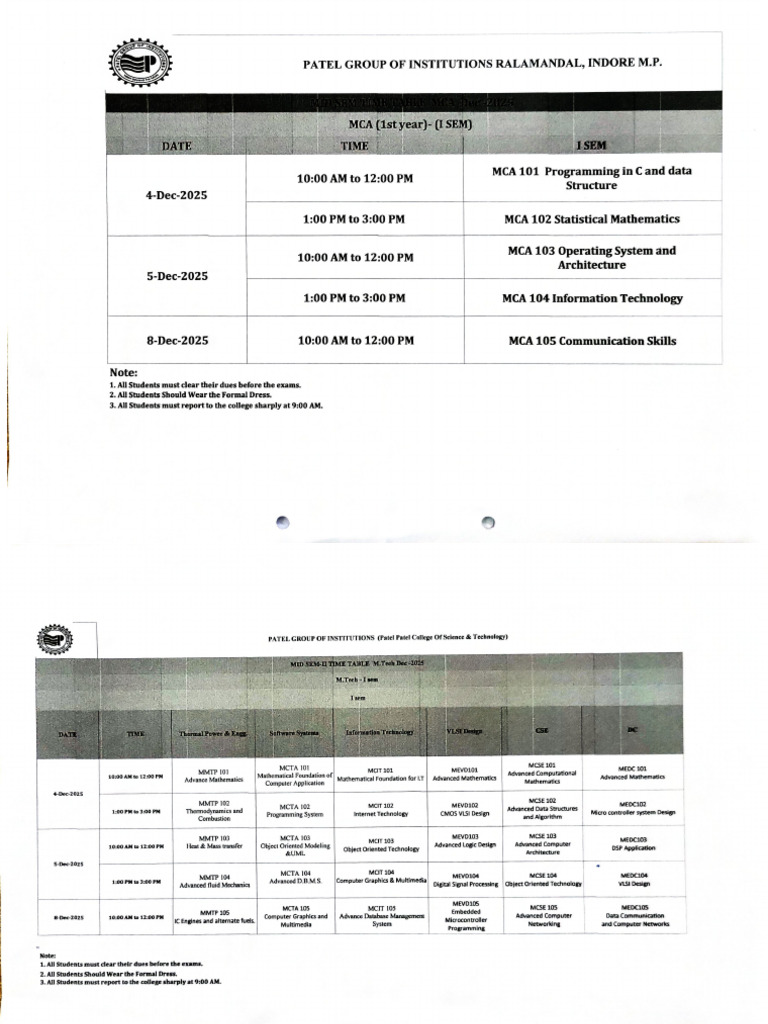 Mid Sem II Time Table | PDF