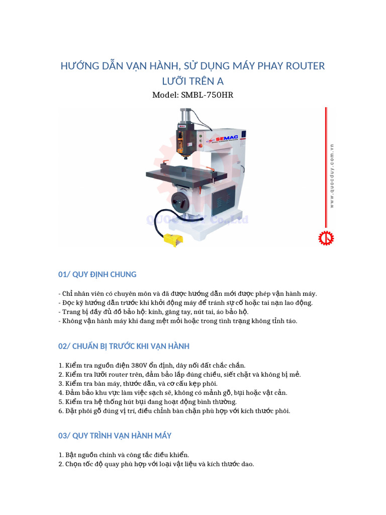 Huong Dan Su Dung May Phay Router SMBL-750HR | PDF