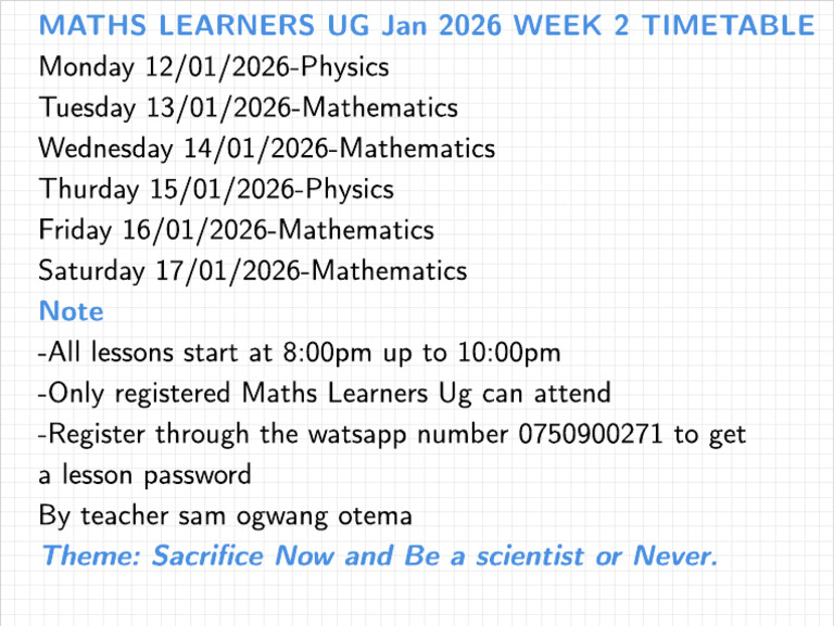 Week 2 2026 Maths Learners UG Online Lessons Timetable | PDF