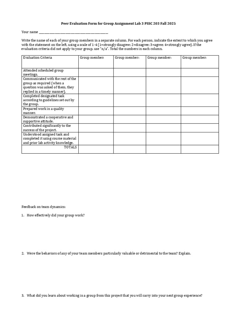 Peer Evaluation Form Lab 3 Group Assignment_copy | PDF
