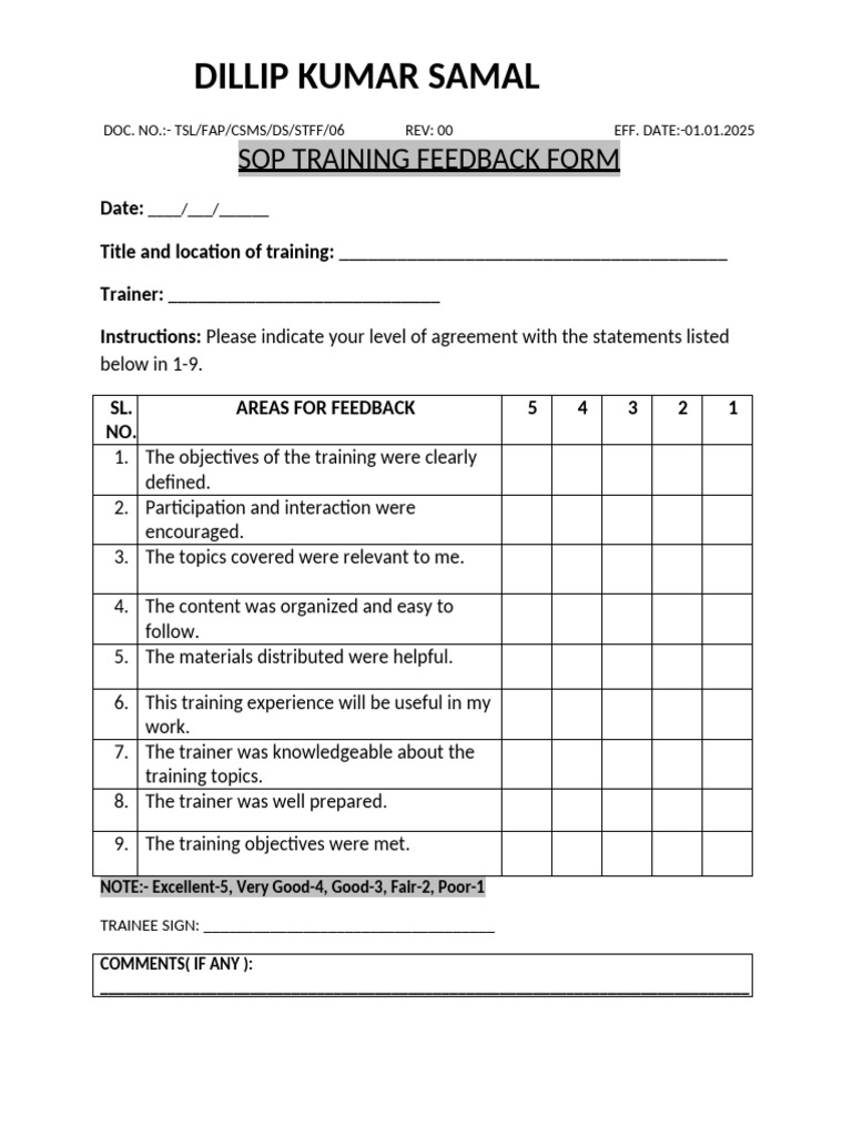 Training Feedback Form Sop | PDF