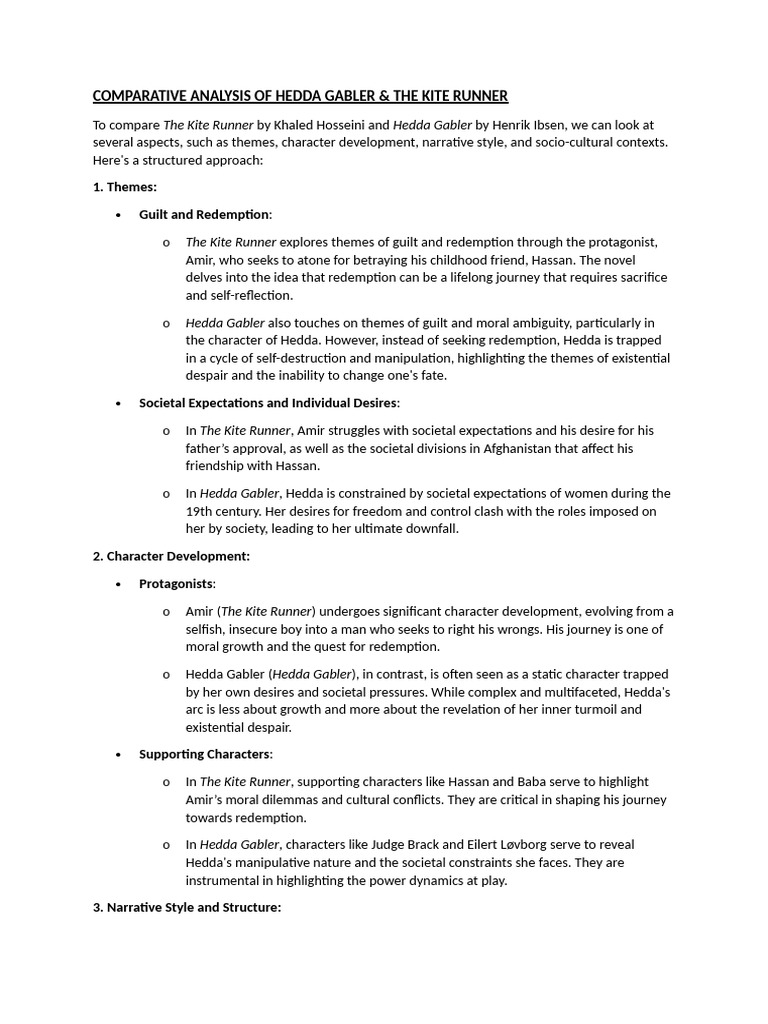 Hedda Gabler vs. The Kite Runner Analysis | PDF