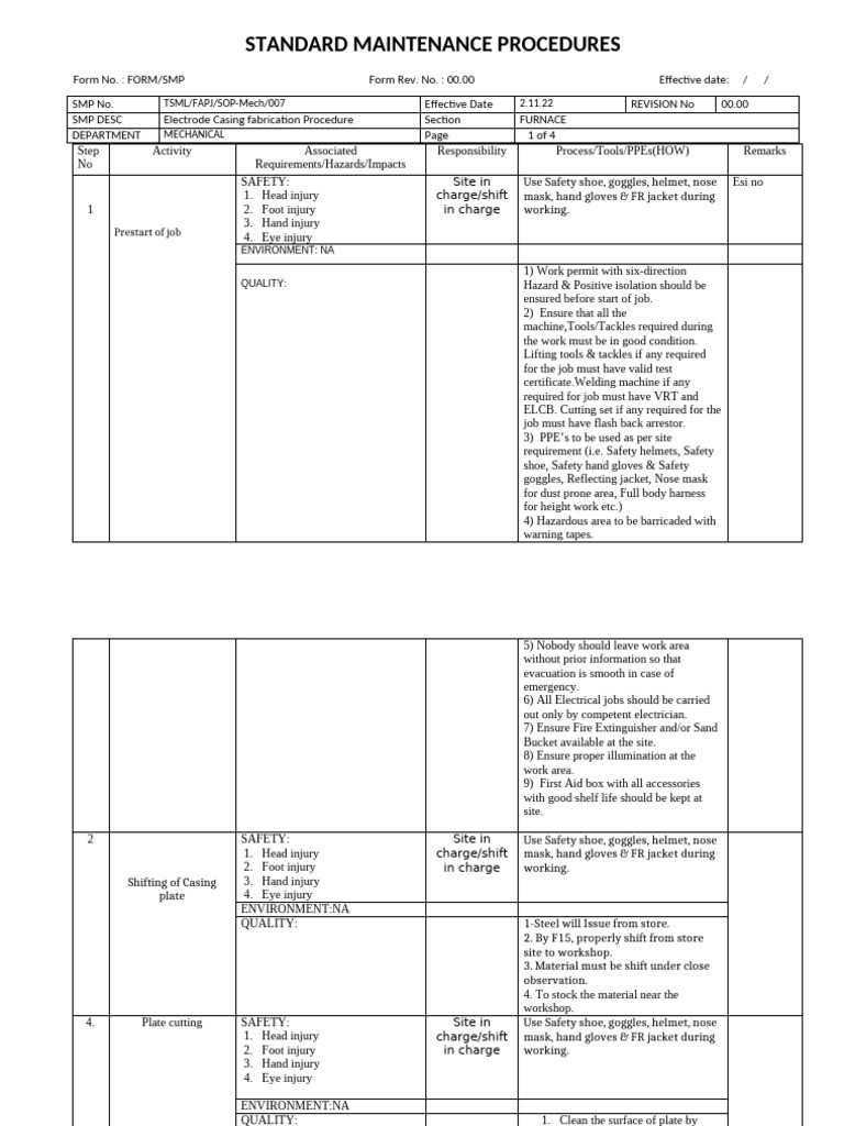 Electrode Casing Fabrication SOP | PDF | Personal Protective Equipment