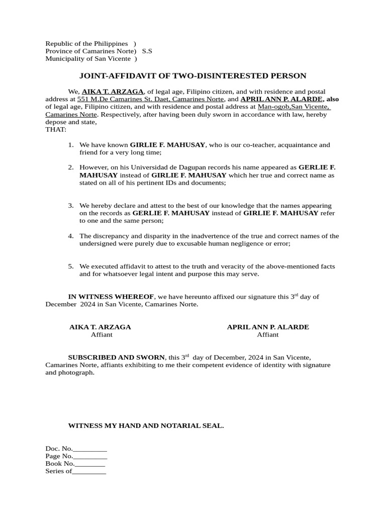 Joint Affidavit of Name Discrepancy | PDF