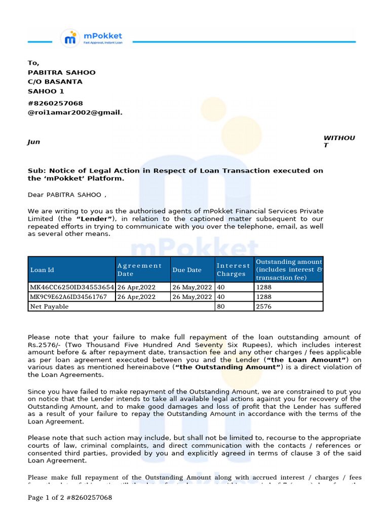 608513078-Legal-Notice-10110415-1-452f1661abe8b4c | PDF | Loans | Interest