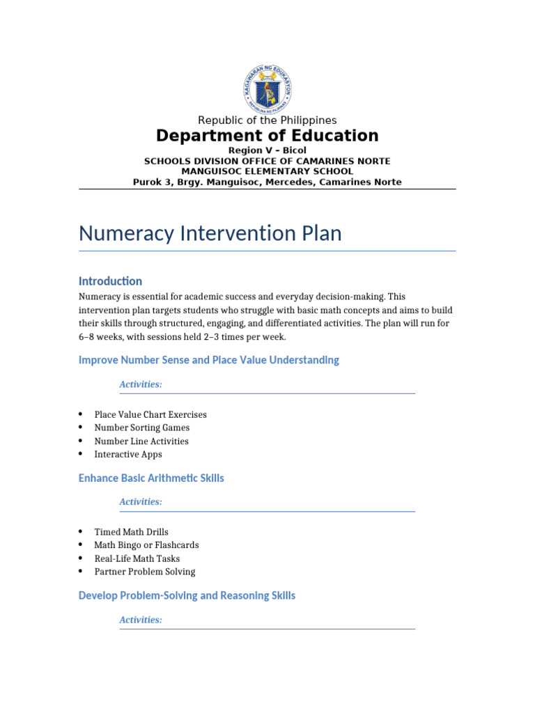 Numeracy Intervention Plan for Students | PDF