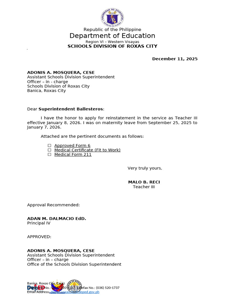 Teacher III Reinstatement Request Letter | PDF