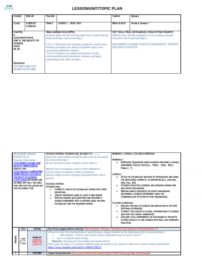 Science Vocabulary Lesson Plan for Grade 9 | PDF | Vocabulary | Science
