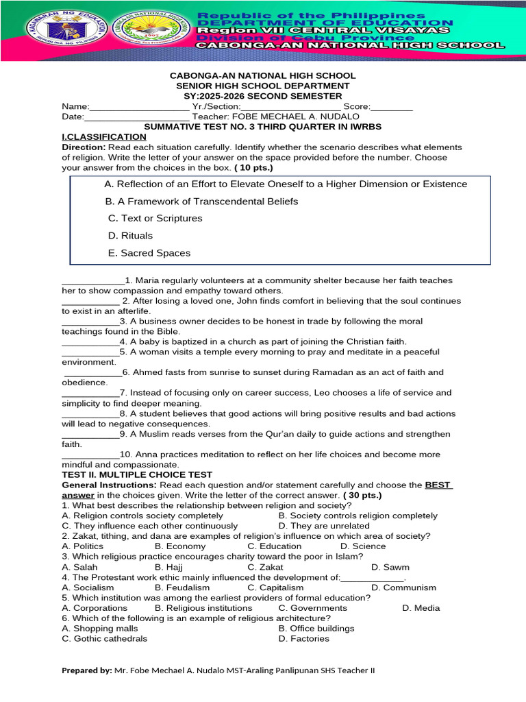 IWRBS Summative Test No. 3- Q3. 2026 (AutoRecovered) | PDF | Polytheism ...