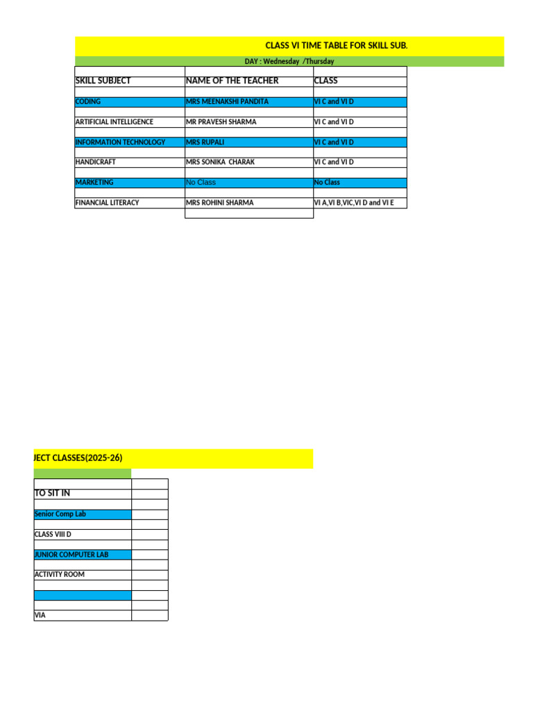 Wednesday Thursday Skill Time Table | PDF