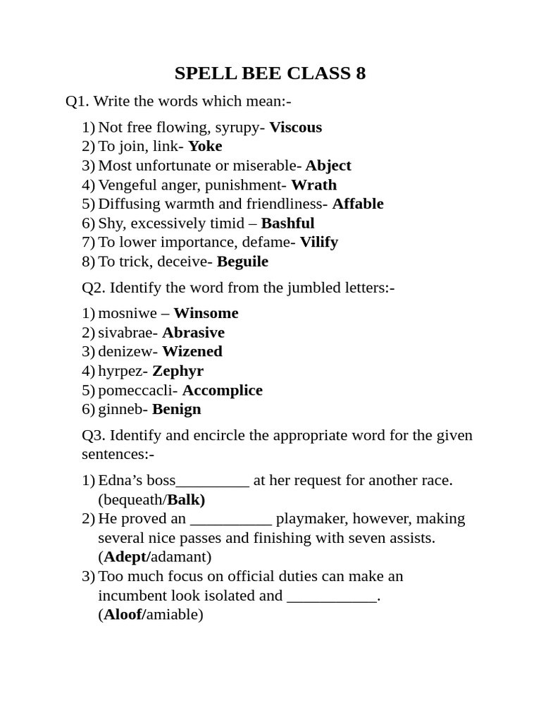 Spell Bee Class 8 | PDF