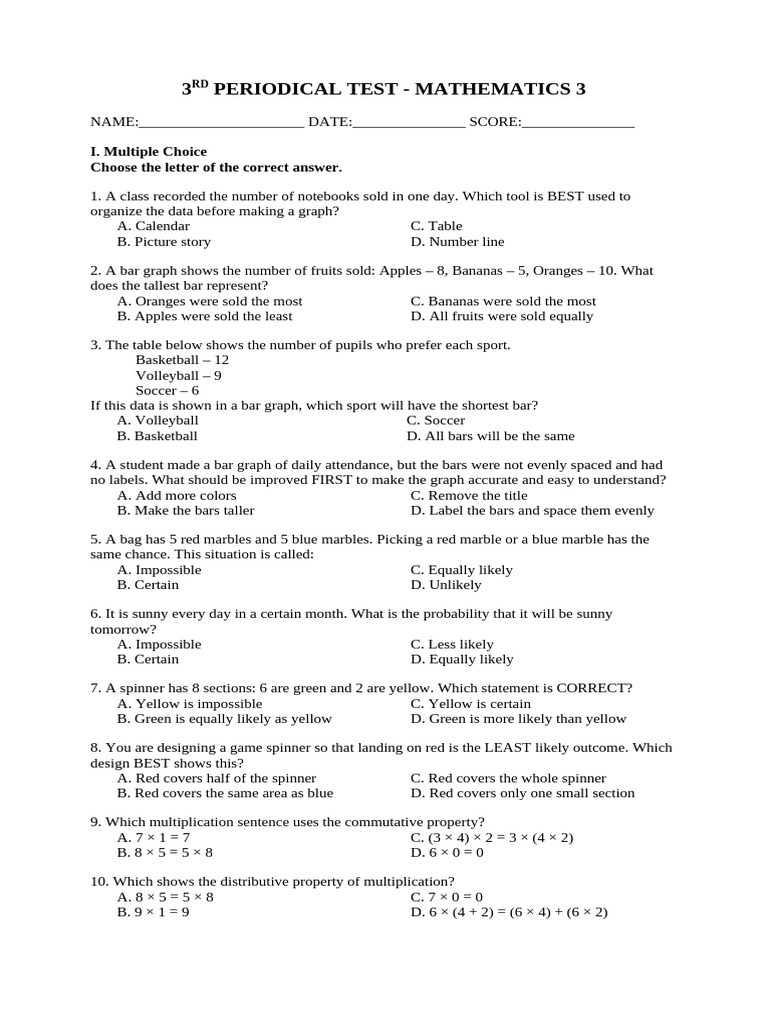 3rd Periodical Test Mathematics 3 | PDF | Multiplication | Mathematics