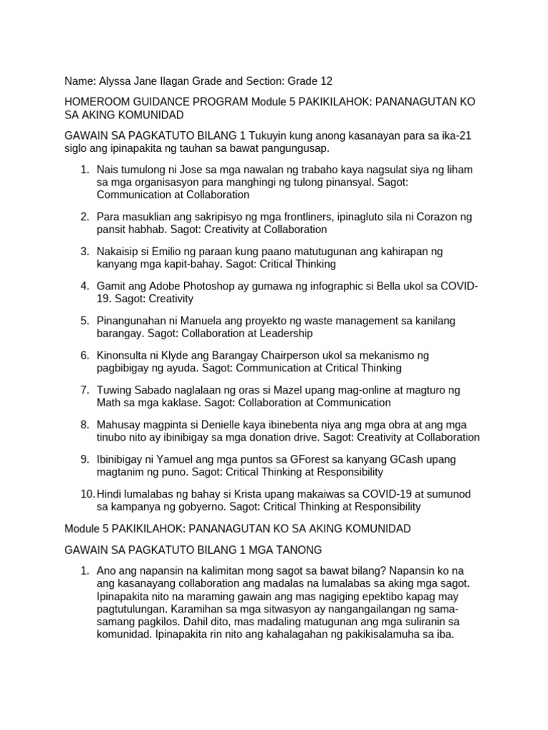 Homeroom Guidance Module 5 – Grade 12 Answers | PDF