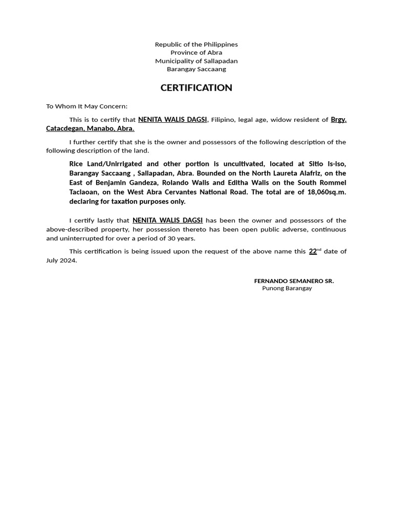 Land Ownership Certification for Nenita Walis Dagsi | PDF