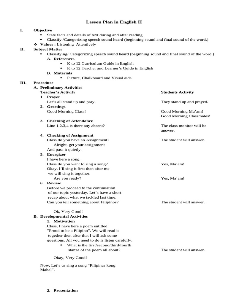 English II Lesson Plan: Sound Classification | PDF | Lesson Plan