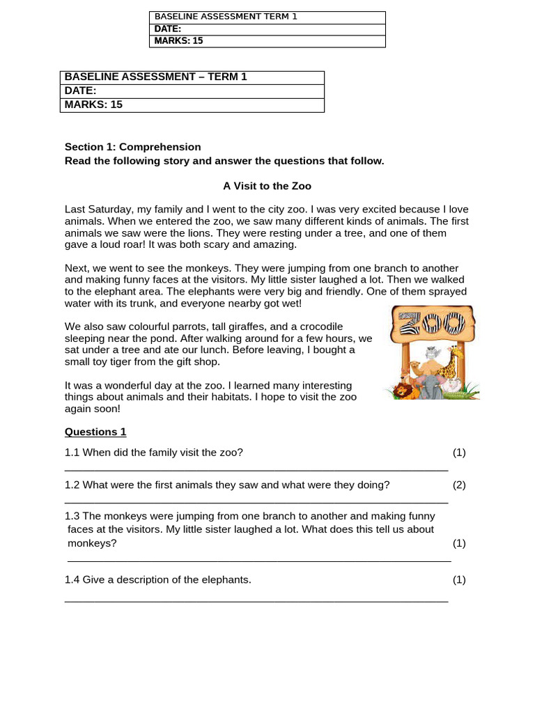 Zoo Visit Comprehension Assessment | PDF | Zoo