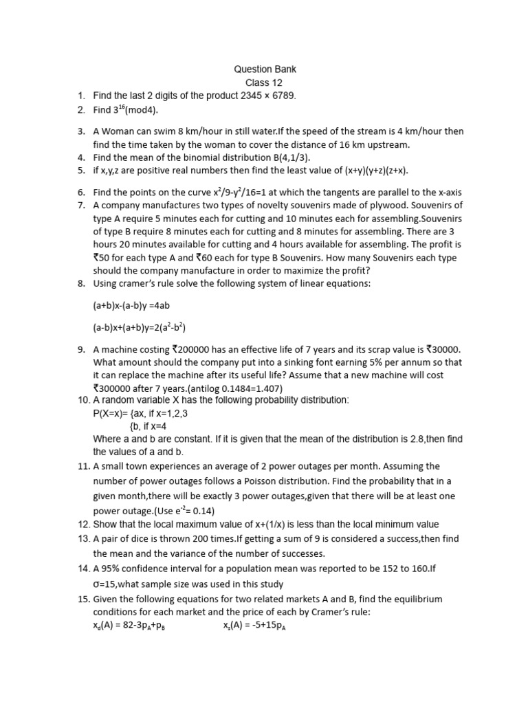 Class 12 Mathematics Question Bank | PDF