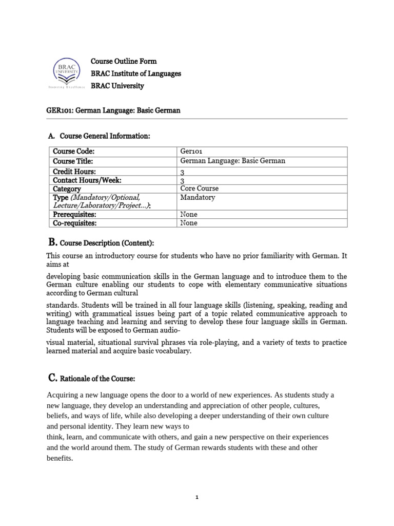Basic German Language Course Outline | PDF | German Language | Language ...