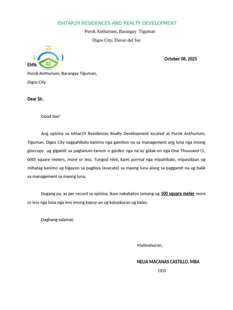 Letter to Emie Moneba (Resident) | PDF