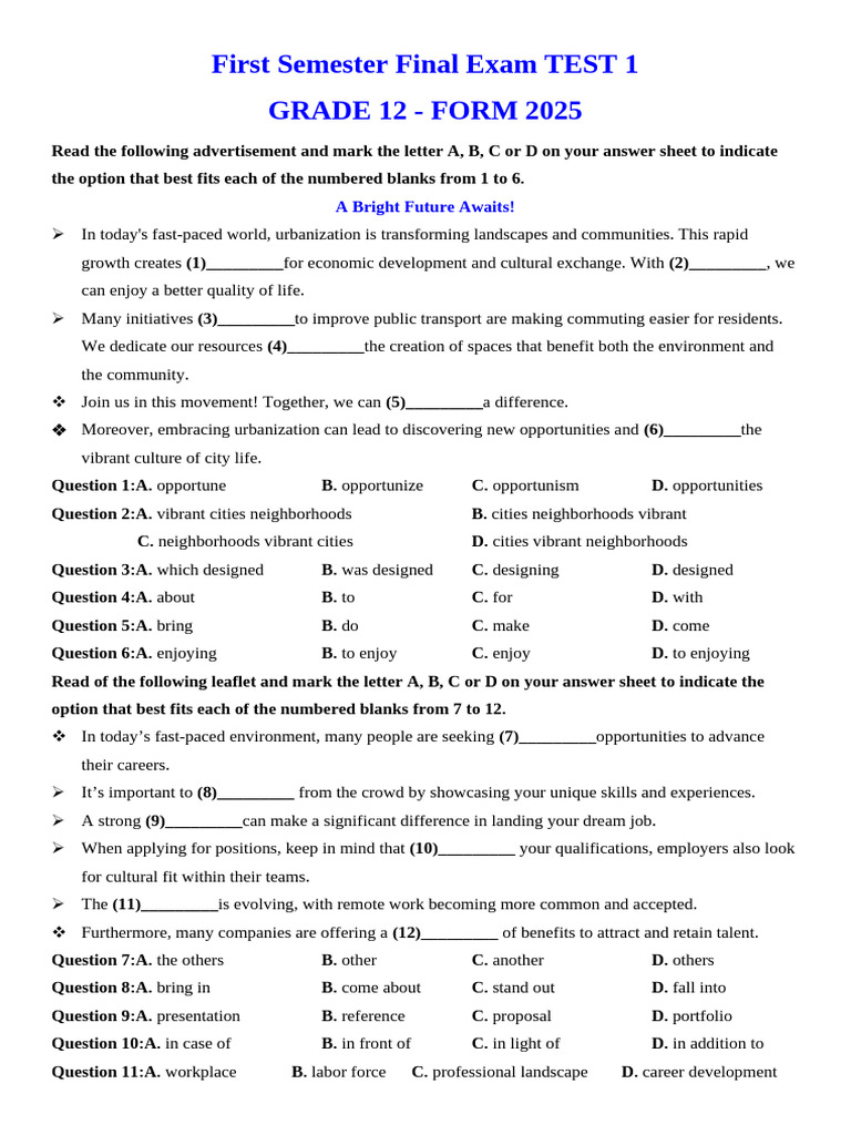 First Semester Final Exam TEST 1 - GRADE 12 - ForM 2025 | PDF ...