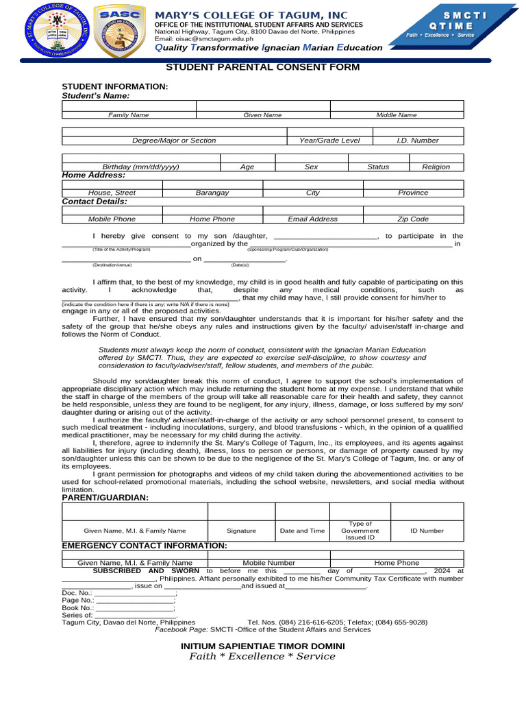 Student Parental Consent Form Template | PDF | Consent | Private Law