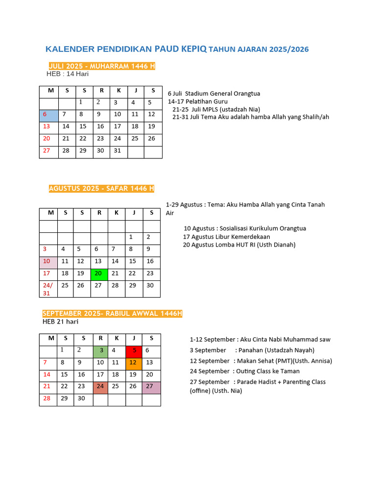 Kalender PAUD Kepiq 2025/2026 | PDF