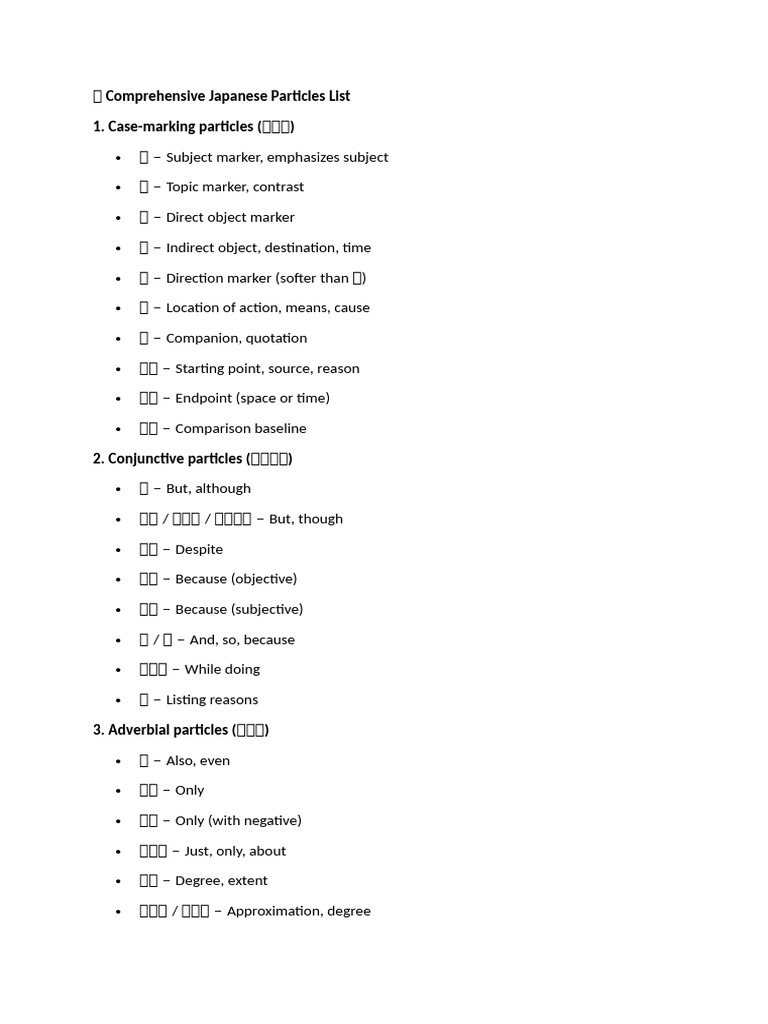 Comprehensive Japanese Particles List 1. Case-Marking Particles | PDF