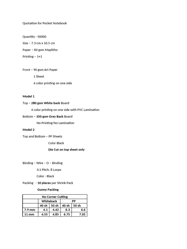 Quotation for Pocket Notebook Order | PDF