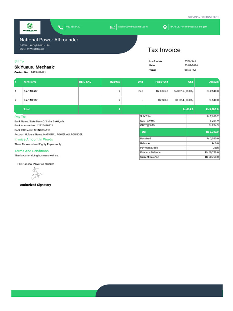 Tax Invoice for National Power All-rounder | PDF | Invoice | Payments