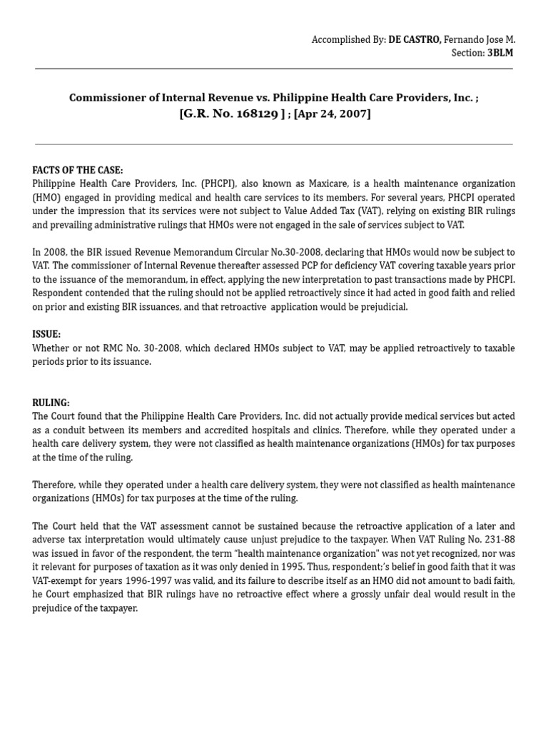 VAT Ruling on HMOs: Retroactive Applicability | PDF | Health ...
