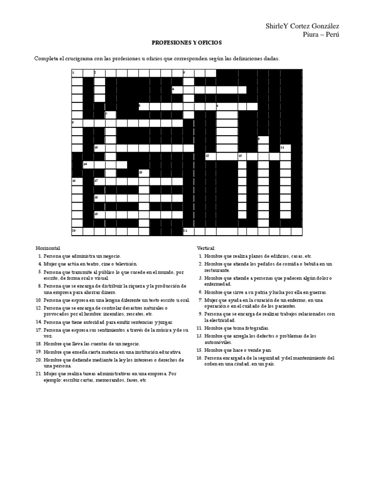 Crucigrama de Profesiones y Oficios | PDF