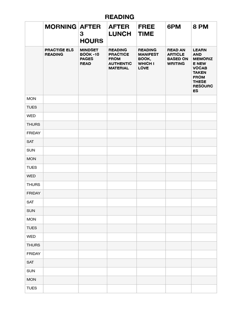 Weekly Reading Practice Schedule | PDF