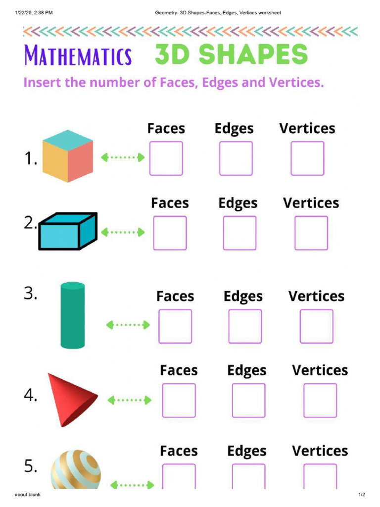 Geometry - 3D Shapes-Faces, Edges, Vertices Worksheet | PDF