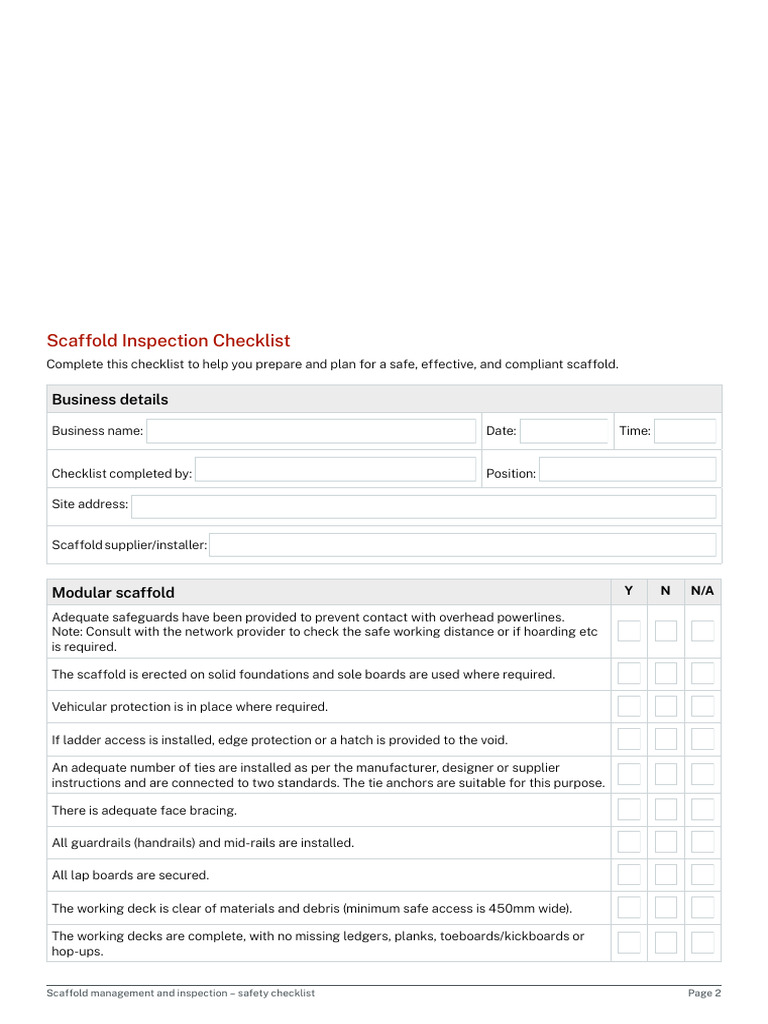 Scaffold Management and Inspection Safety Checklist | PDF | Scaffolding