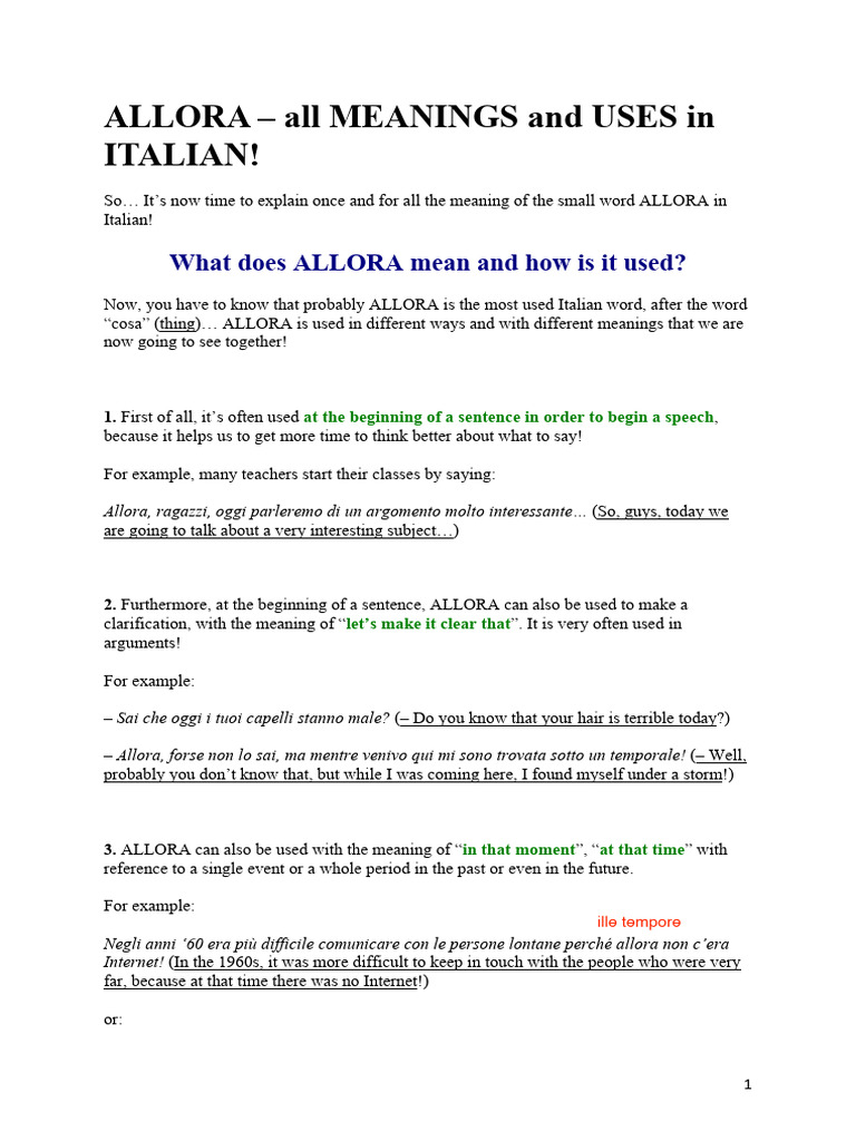 Meaning and Uses of "Allora" in Italian | PDF | Linguistics | Language ...