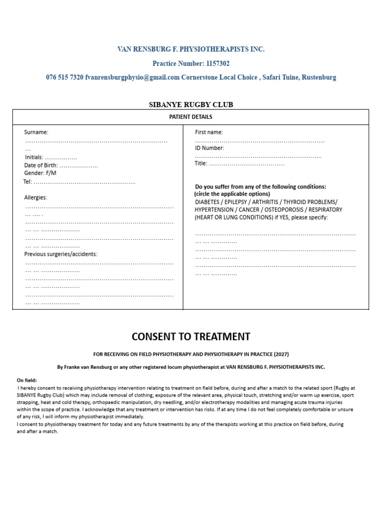 On Field Physiotherapy Consent Form - Final | PDF | Physical Therapy ...
