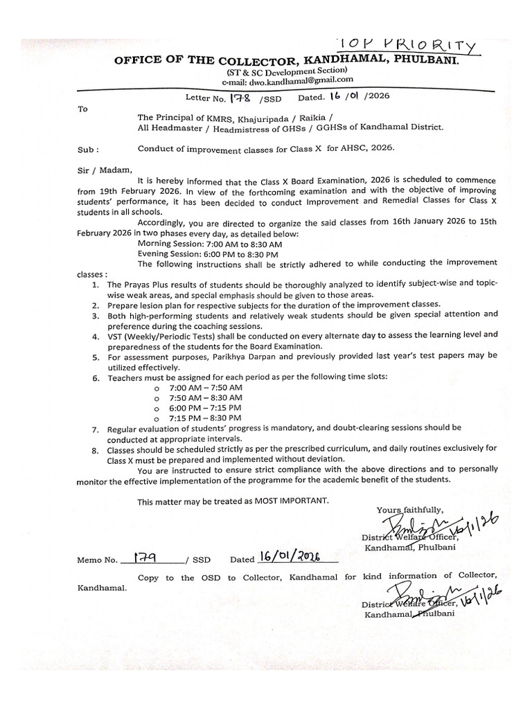 Conduct of Improvement Classes For Class X For AHSC, 2026. | PDF