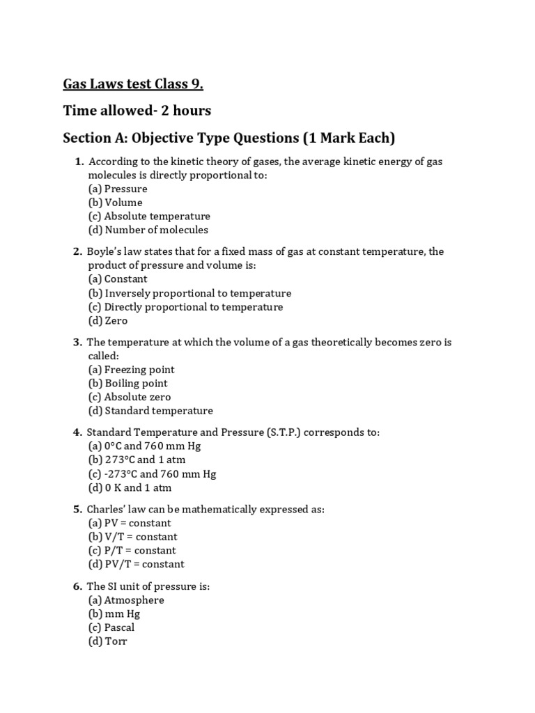 Class 9 Gas Laws Test Questions | PDF | Gases | Temperature
