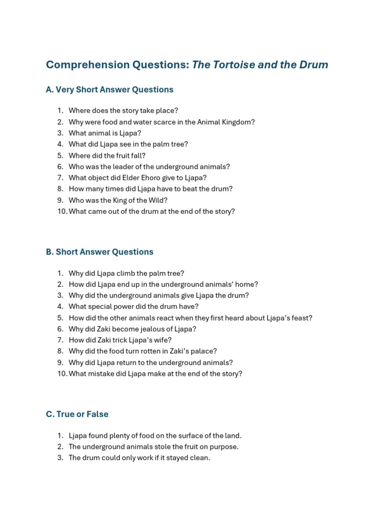 Comprehension With Story The Tortoise and Drum | PDF