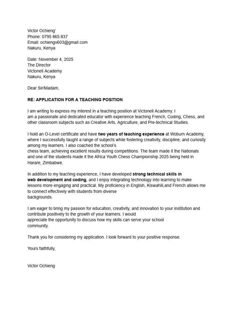 Teaching Position Application by Victor Ochieng | PDF