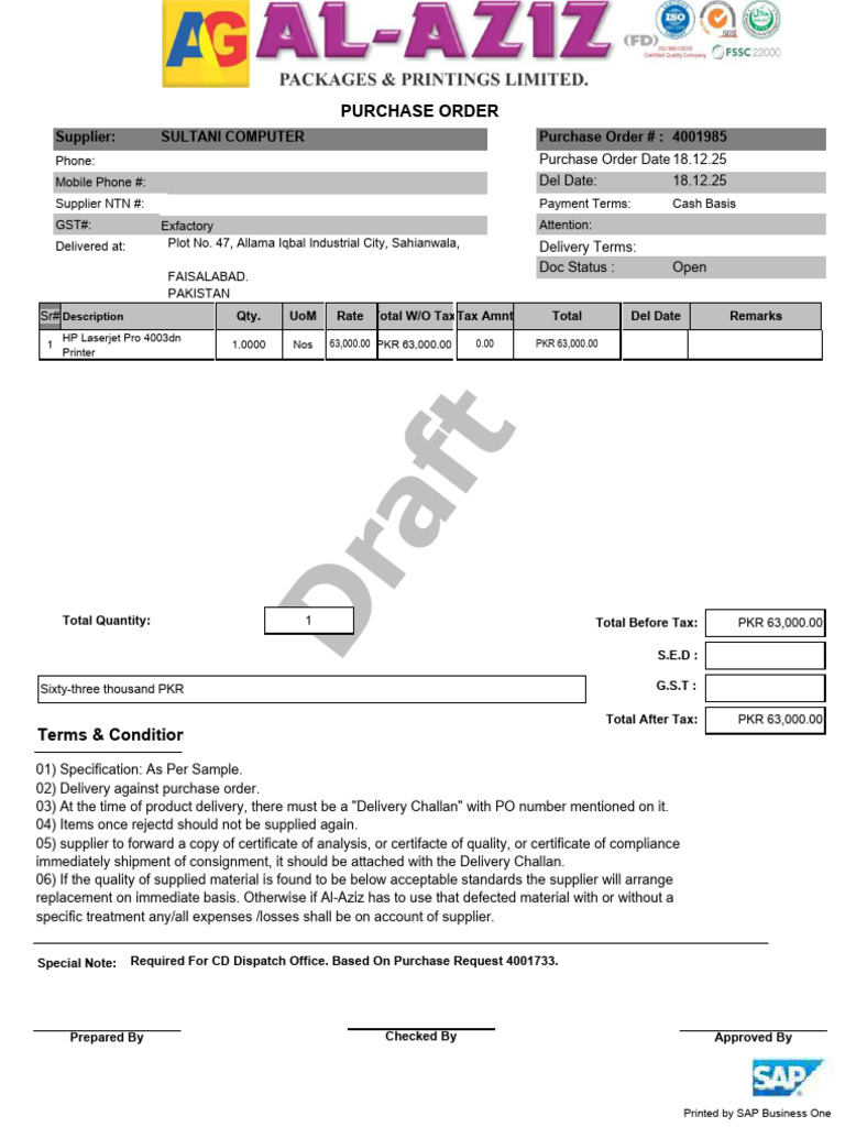 Purchase Order - Draft (Pending) - 4001985 - 20251218 - 125029 | PDF ...