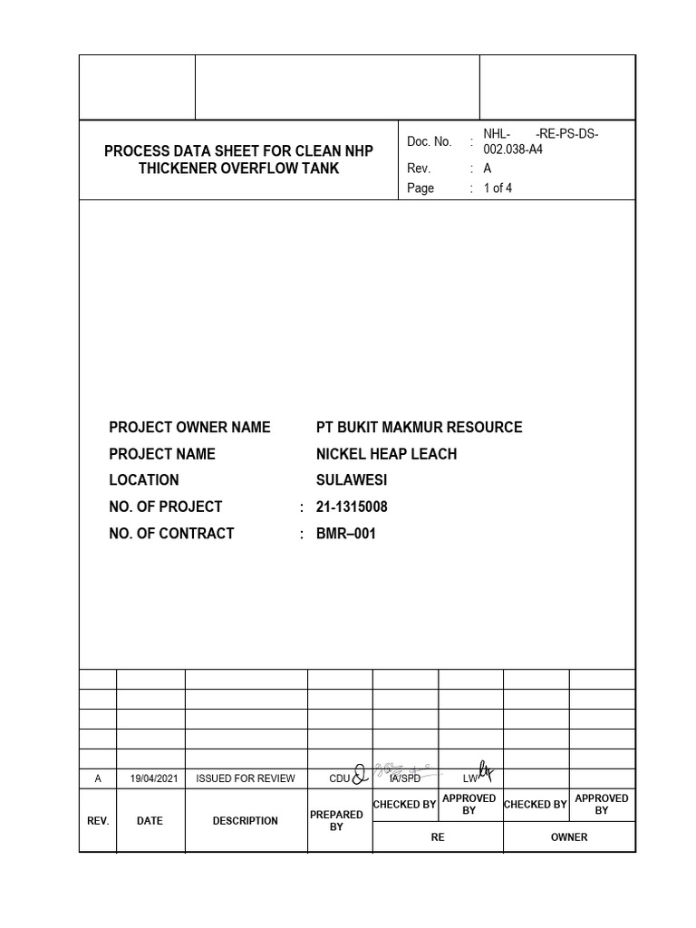 Process Data Sheet For Clean NHP Thickener Overflow Tank Rev A | PDF ...
