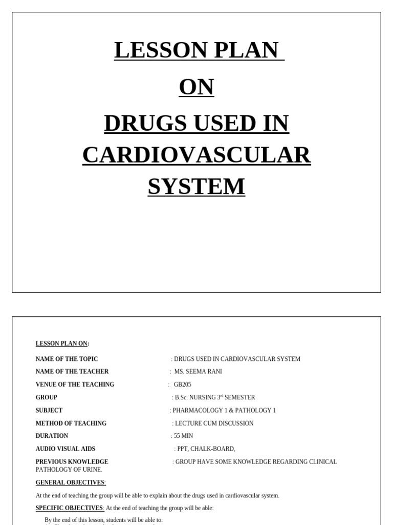 Cardiovascular Drugs Lesson Plan | PDF