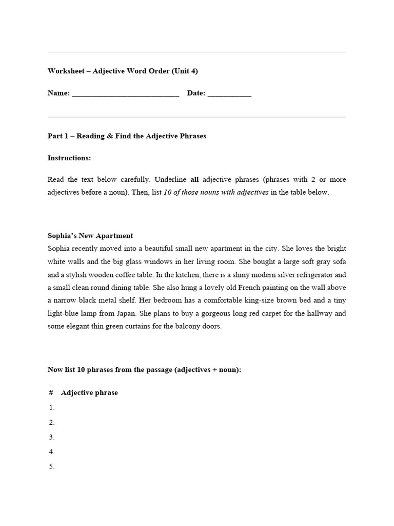 Adjective Word Order Worksheet | PDF | Adjective | Phrase