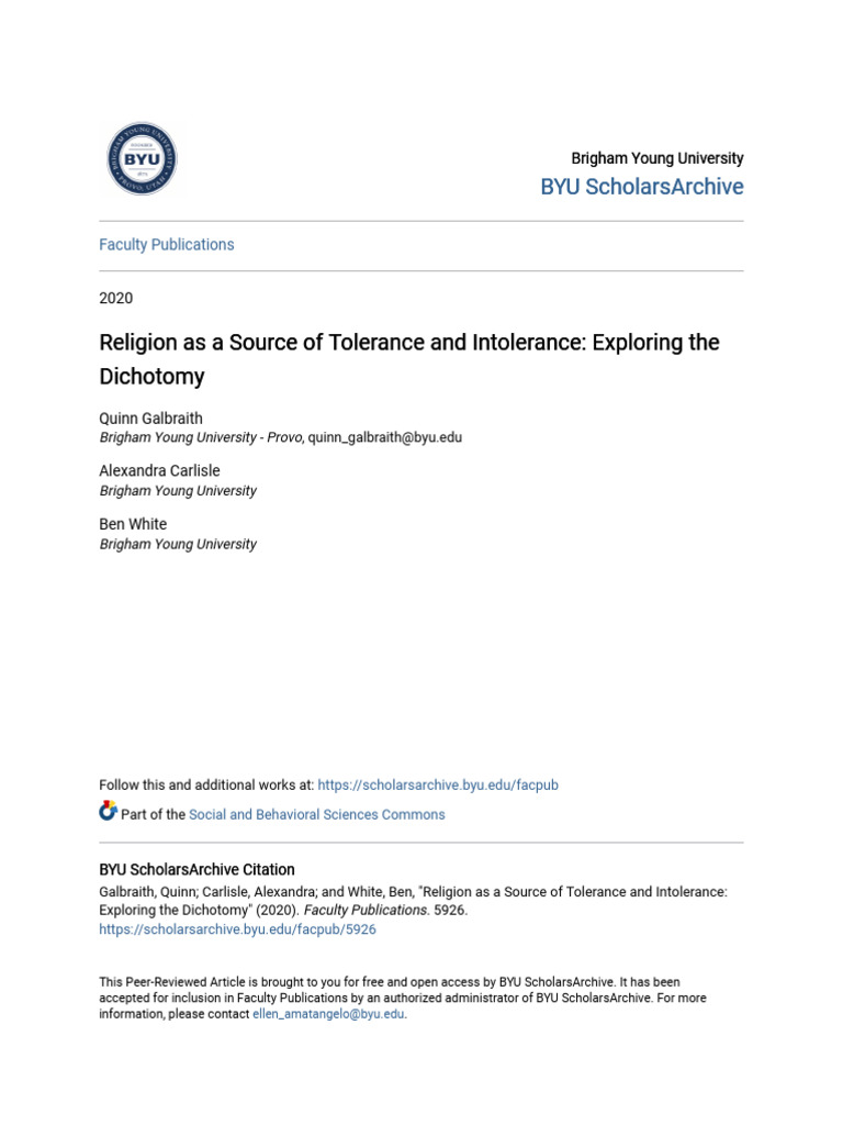 Religion As A Source of Tolerance and Intolerance - Exploring The ...
