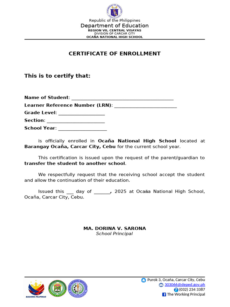 Certificate of Enrollment - OcanaNHS | PDF