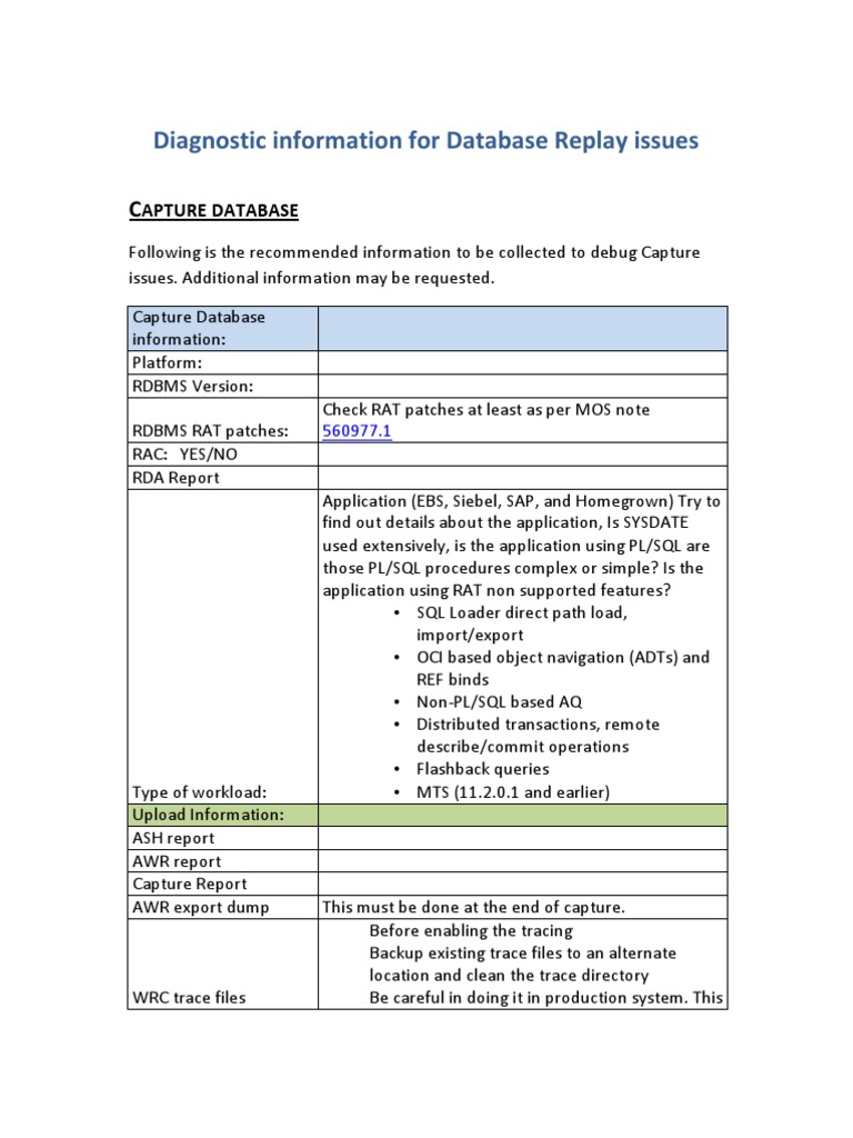 Diagnostic Information For Database Replay Issues Pdf Oracle